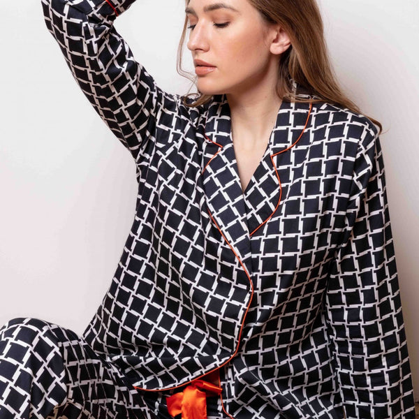 Cottonreal 'Retro Cube' Cotton Sateen Pyjamas in Navy | Sandra Dee